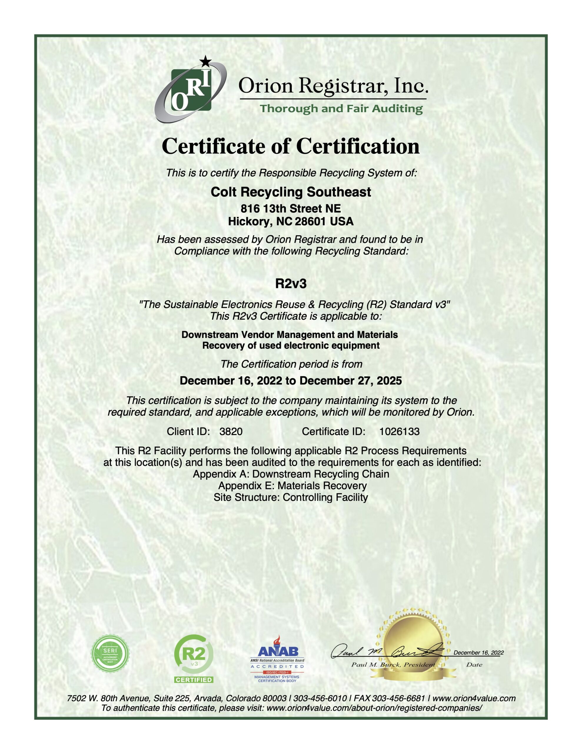 Certified and Committed to Excellence | Colt Recycling