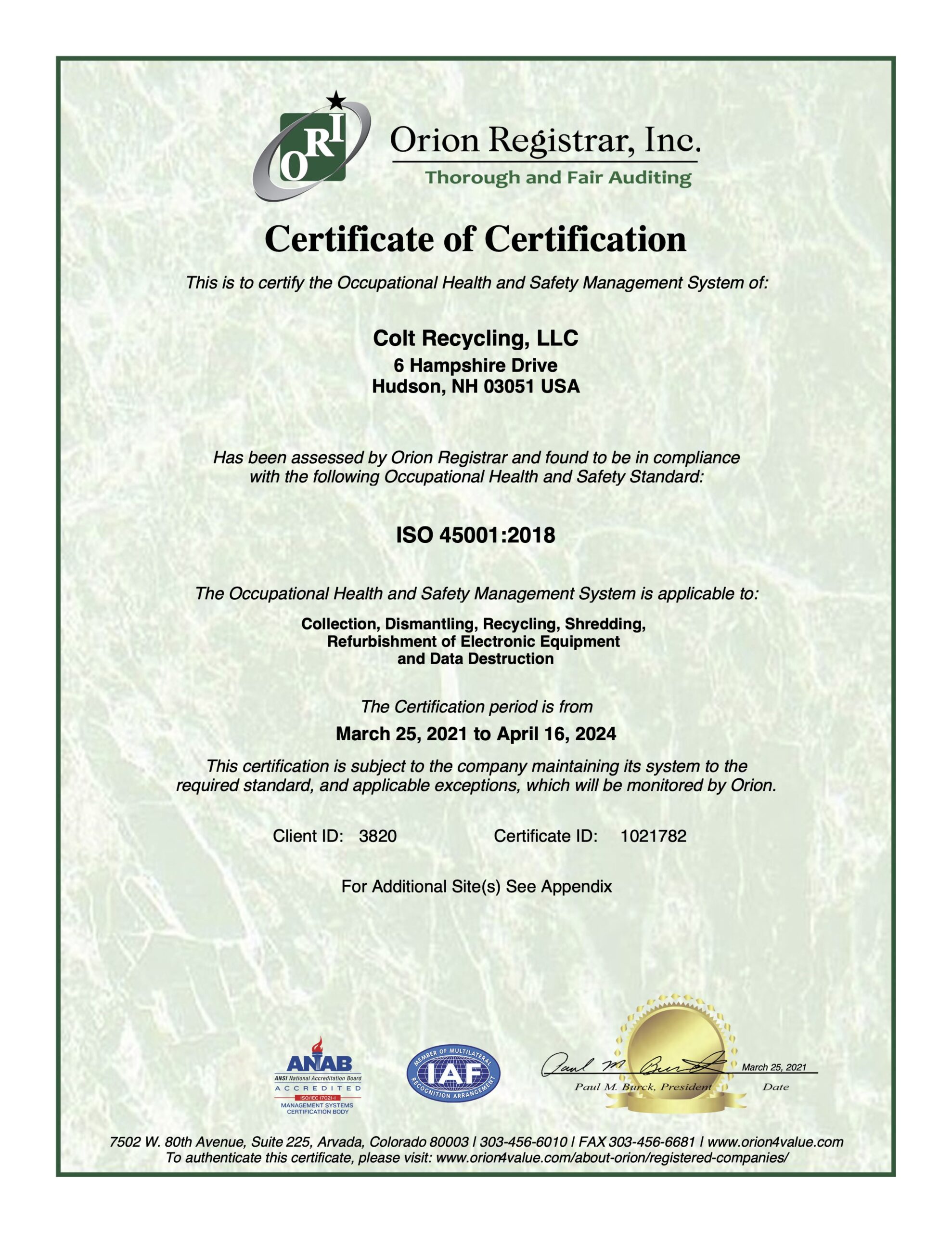 Certified and Committed to Excellence | Colt Recycling